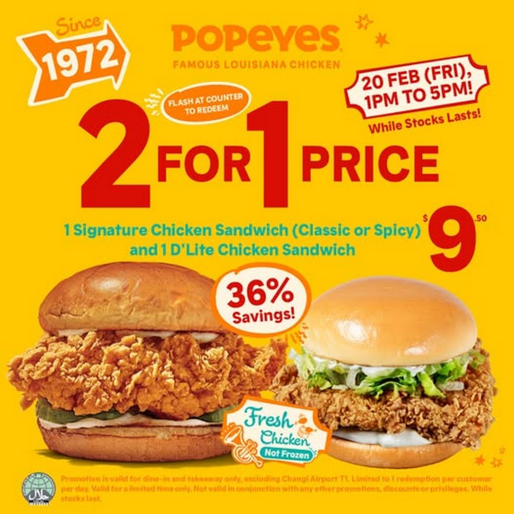 20 February 2026: Popeyes Singapore: 2-for-1 Signature Chicken Sandwich ...